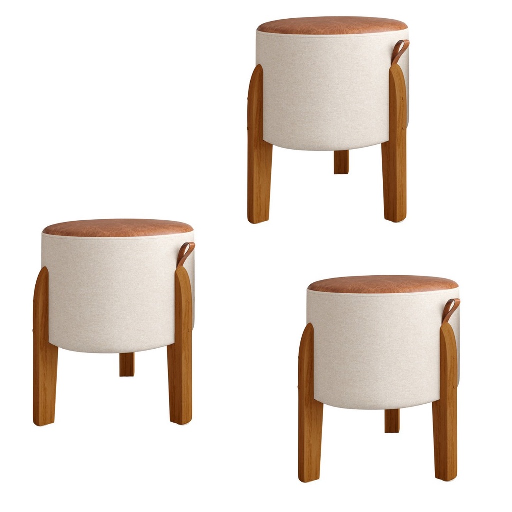 KIT 3 PUFF LINHO BEGE COM ASSENTO COURO CARAMELO PÉ MADEIRA | Shopee Brasil