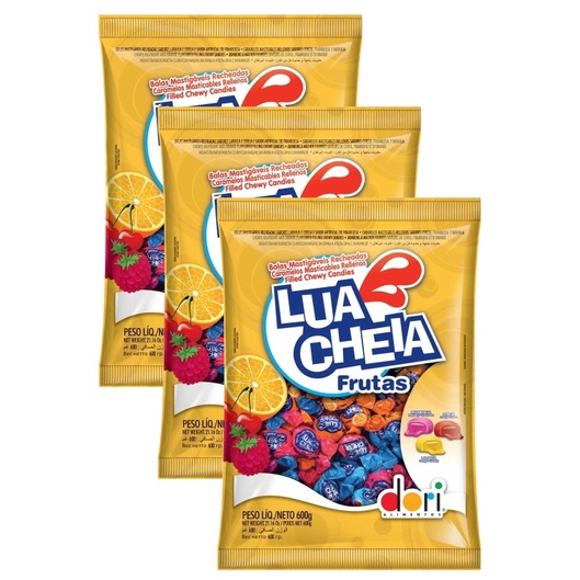 kit 3 Bala Lua Cheia Frutas Framboesa Cereja E Laranja 600g | Shopee Brasil