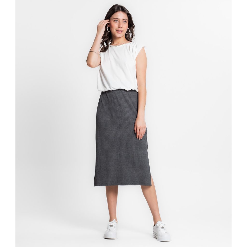 Saia Midi Canelada Infinita Cor Cinza | Shopee Brasil