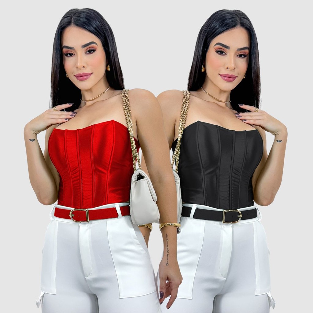 Kit 2 Cropped Corselet Acetinado Sem Manga Decote Sexy Top | Shopee Brasil