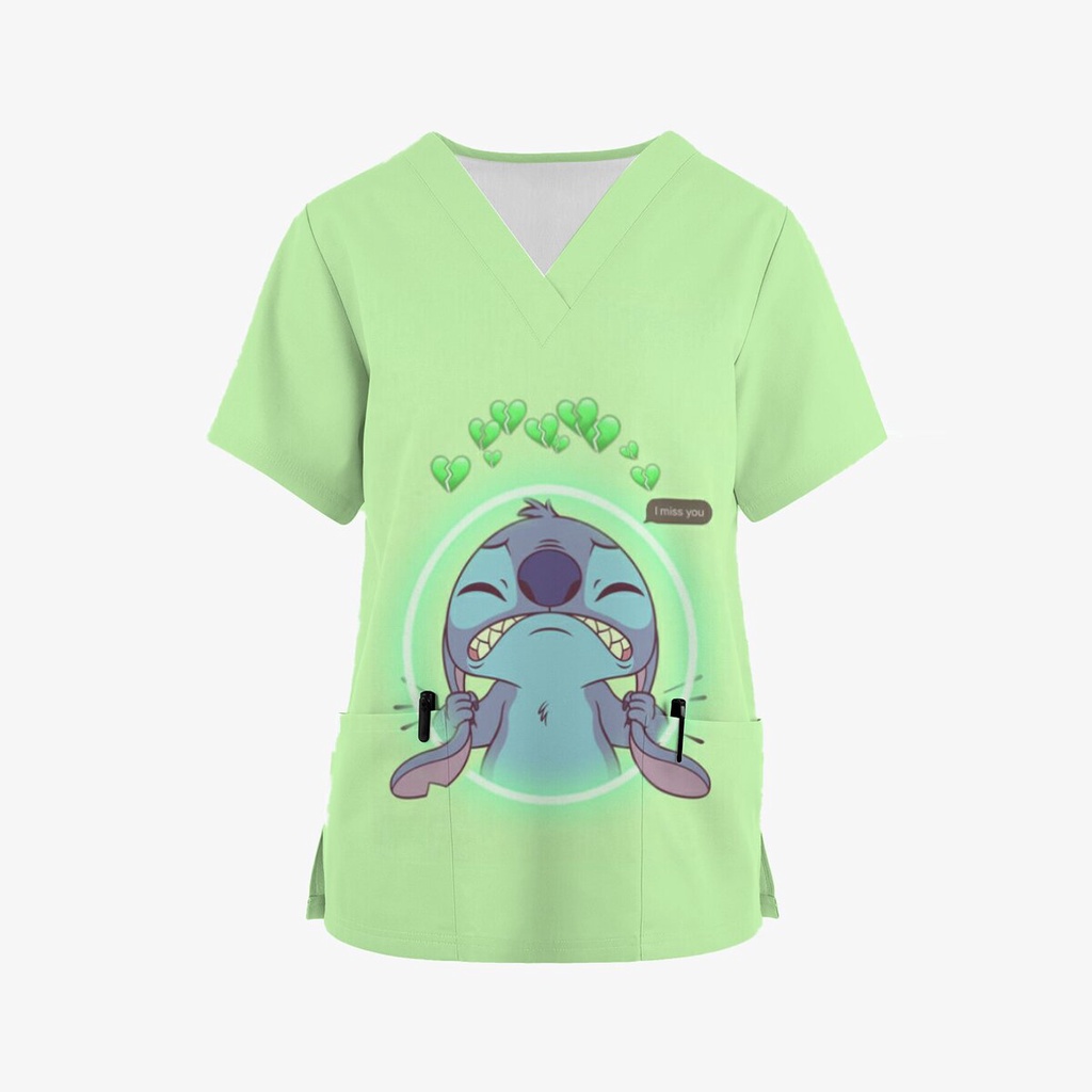 V Camiseta De Pescoço Bolso Enfermeira Uniforme Stitch Cartoon Roupa ...