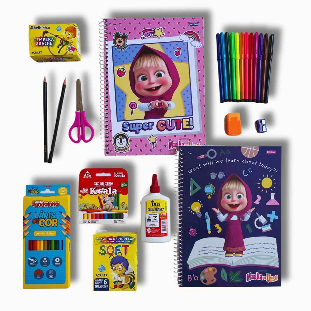 Kit Material Escolar Infantil Masha e o urso completo + 2 cadernos ...