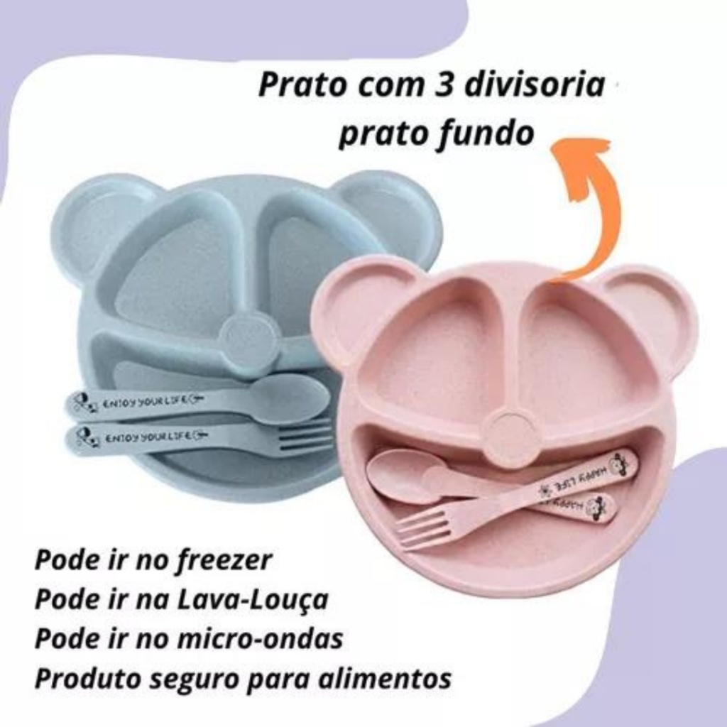 prato infantil urso com Divisórias + talheres de plastico papinha ...