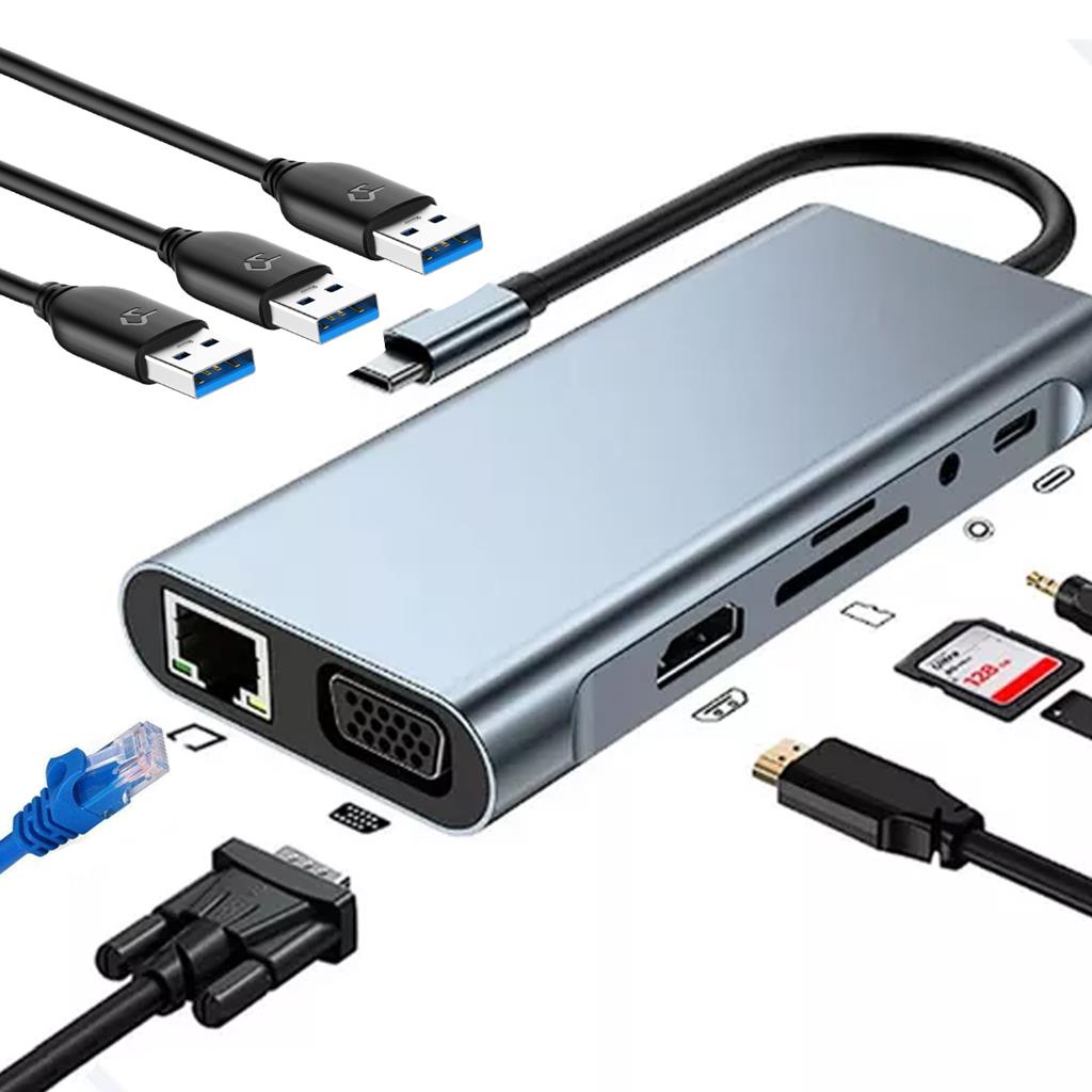 Hub Adaptador Multiportas 10 Em 1 Tipo C Hdmi Vga Sd Tf Ethernet Usb 3. ...