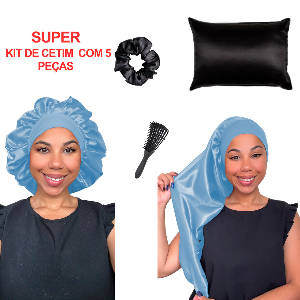 Super Kit 5 Peças Touca de Cetim Gigante Toca de Cetim Longa Fronha ...