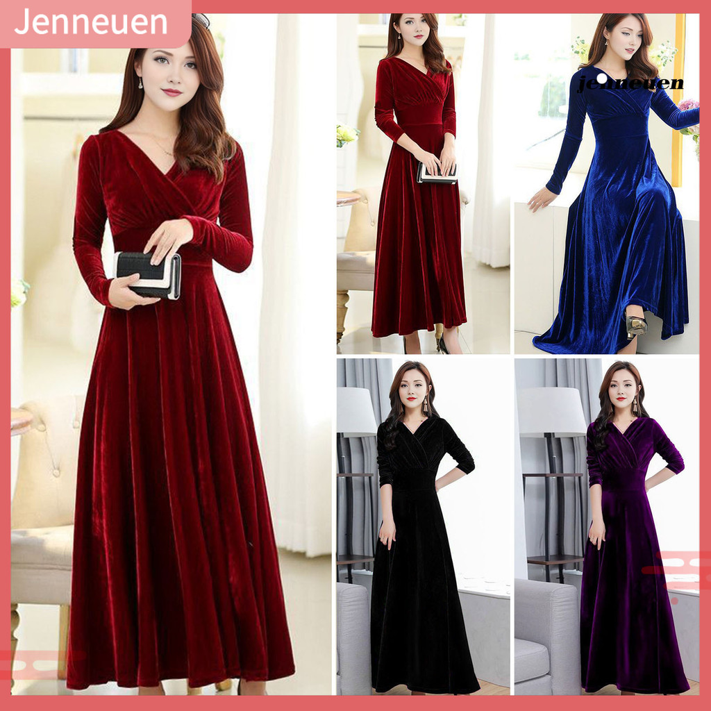 [JEN] Vestido Maxi De Veludo Para Mulheres Com Decote Em V Festa Na ...