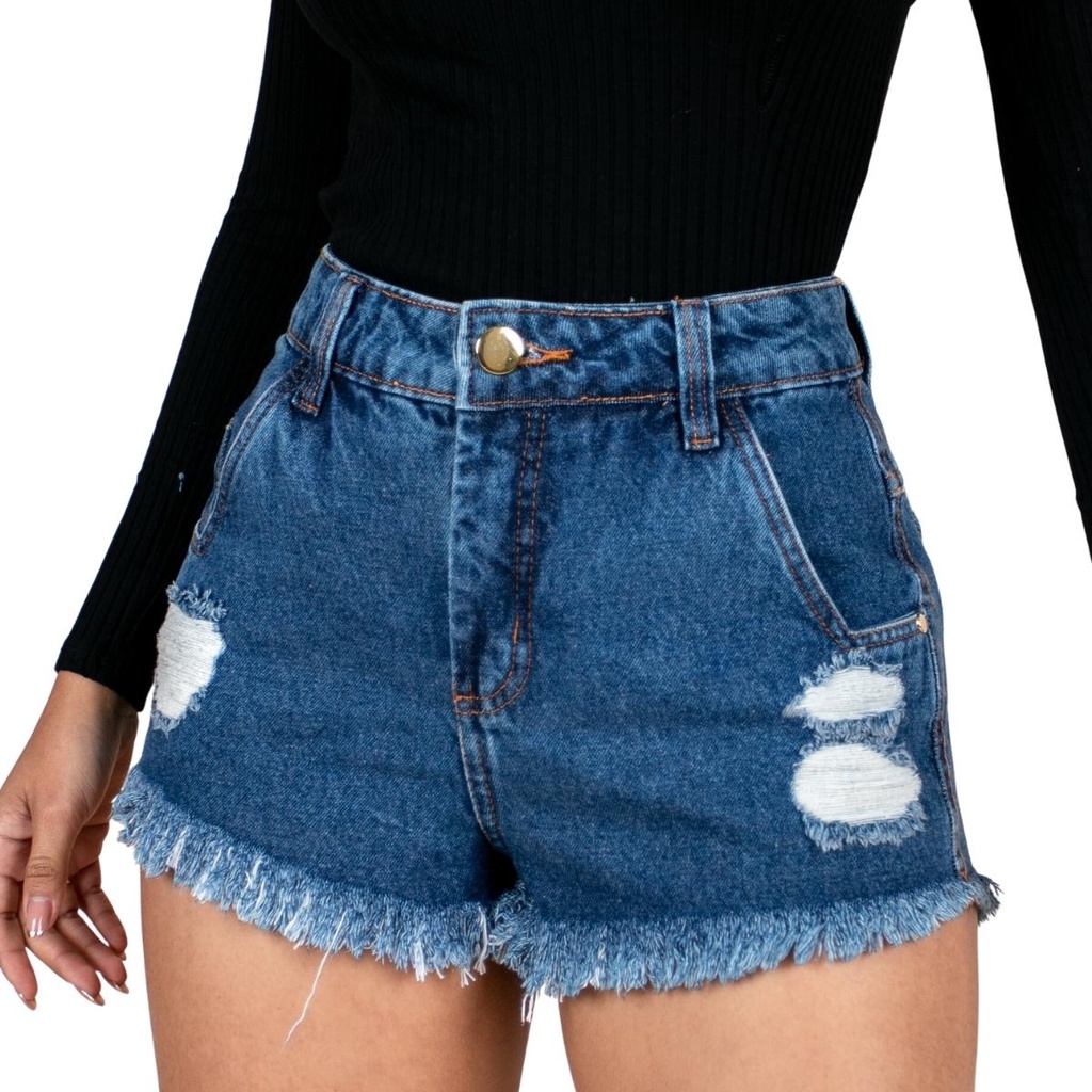 Short Jeans Escuro Bolso Quadrado Rasgado Barra Desfiada | Shopee Brasil