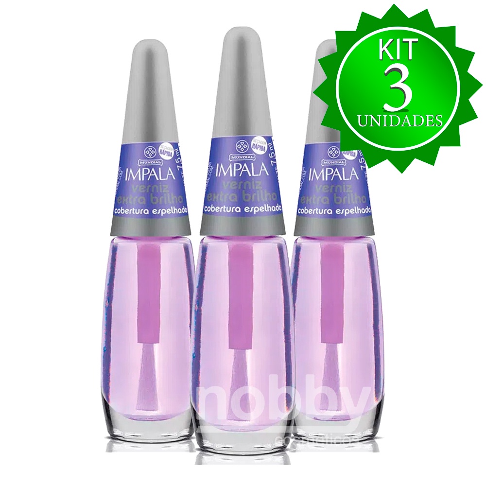 Kit 3un Esmalte Base Verniz Extra Brilho Impala Roxinho 7.5ml - Faz a Boa!