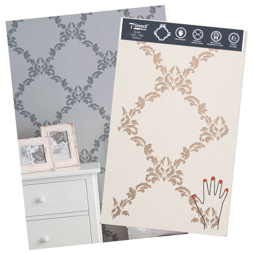 Stencil Decor Adamascado Elisa (90x55cm) para parede | Shopee Brasil