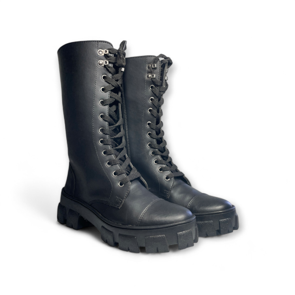Bota Cano Alto Tratora Com Ziper Com Cadarço Rock Rockeira | Shopee Brasil