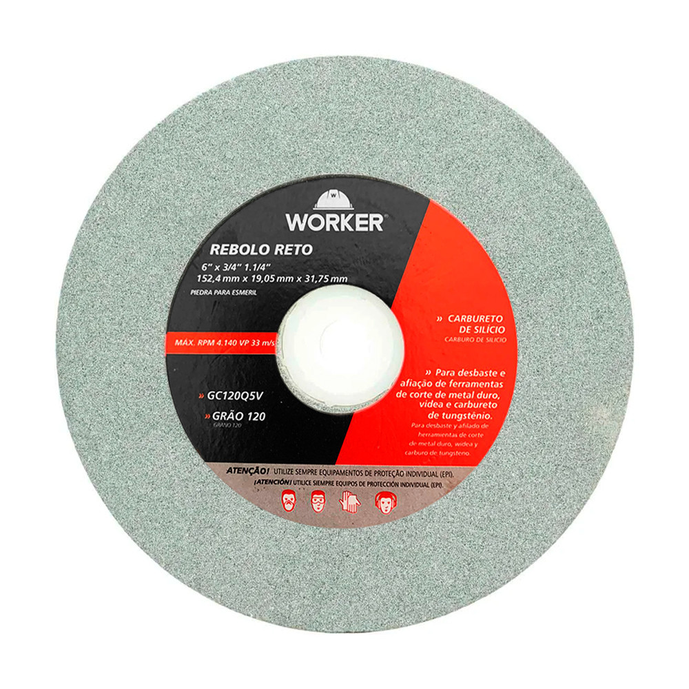 Rebolo Reto Moto Esmeril 6" x 3/4" x 1.1/4" Grão 120 Fino Worker ...