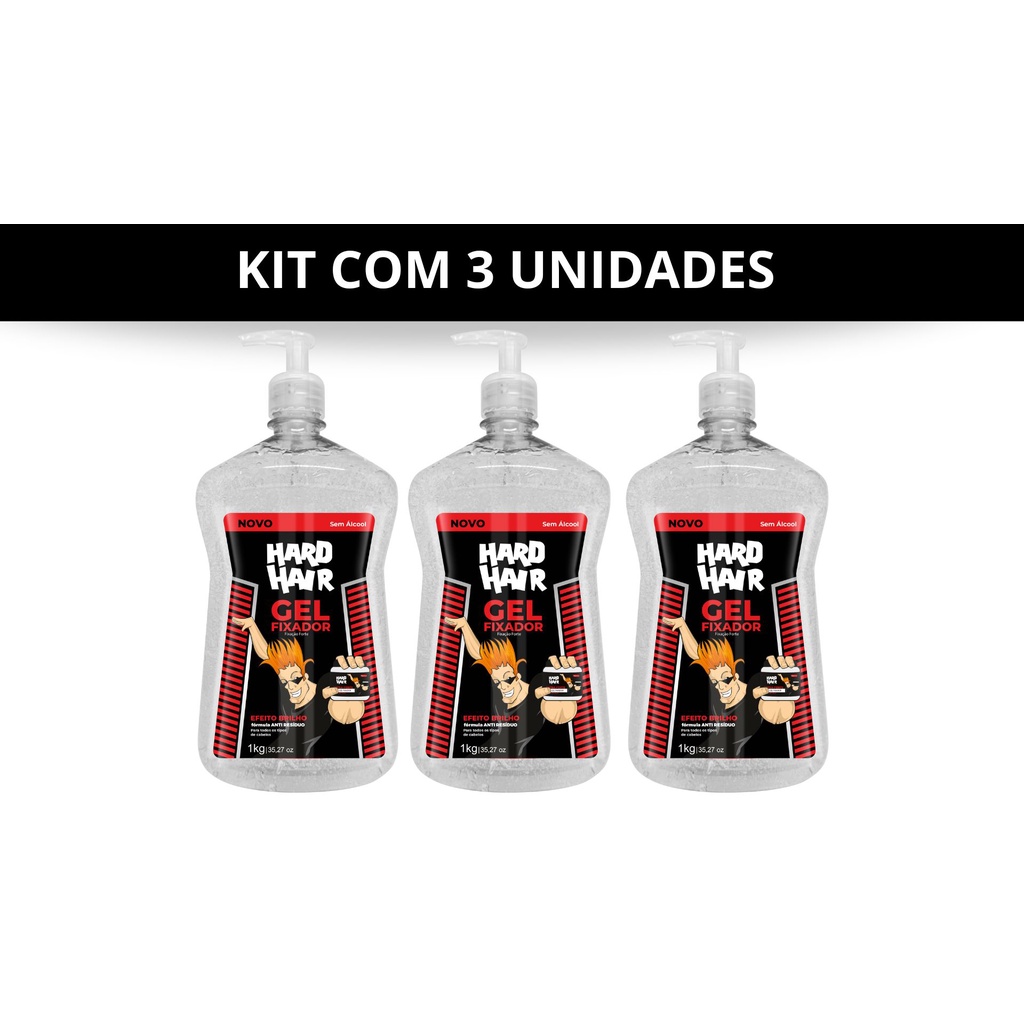 Kit 3 Unidades Gel Fixador Incolor Hard Hair Efeito Brilho 1KG | Shopee ...