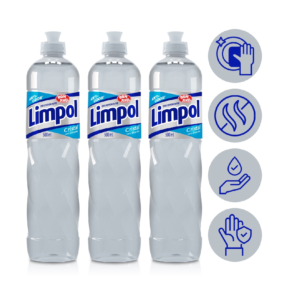Kit 3 Detergente Liquido Cristal Louca Limpol Bombril 500Ml | Shopee Brasil