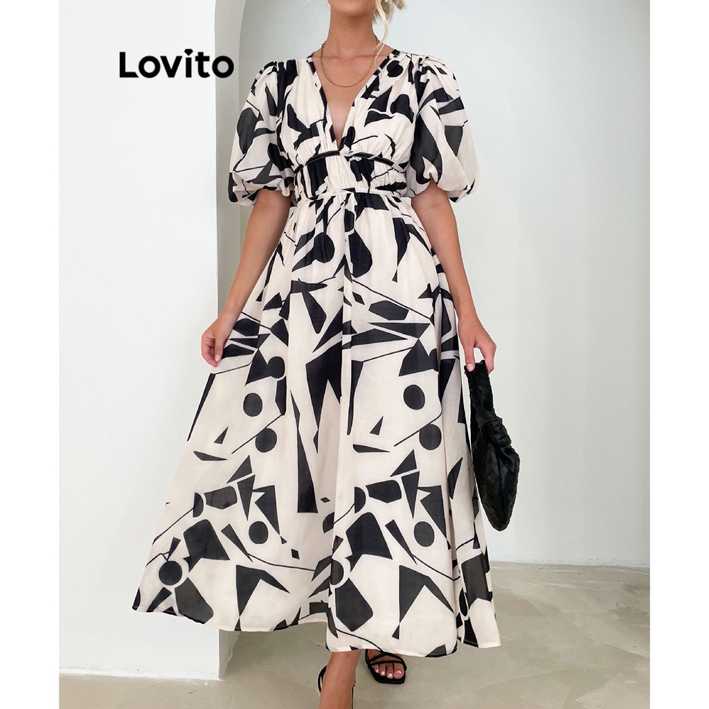 Lovito Vestido Feminino Casual Com Babados Tropicais E Bainha Com Manga
