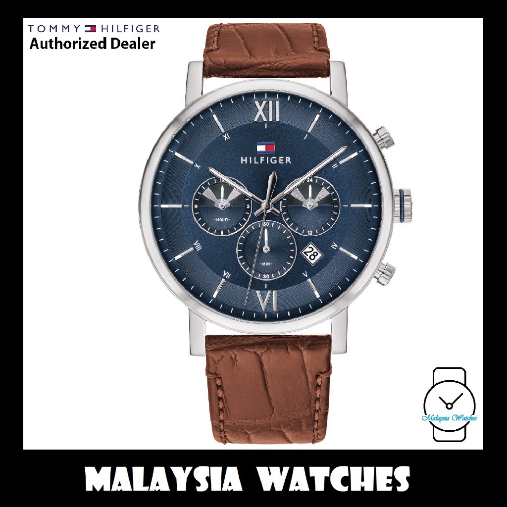 100% Original) Tommy Hilfiger 1710393 Evan Dual Time Azul Dial Brown ...