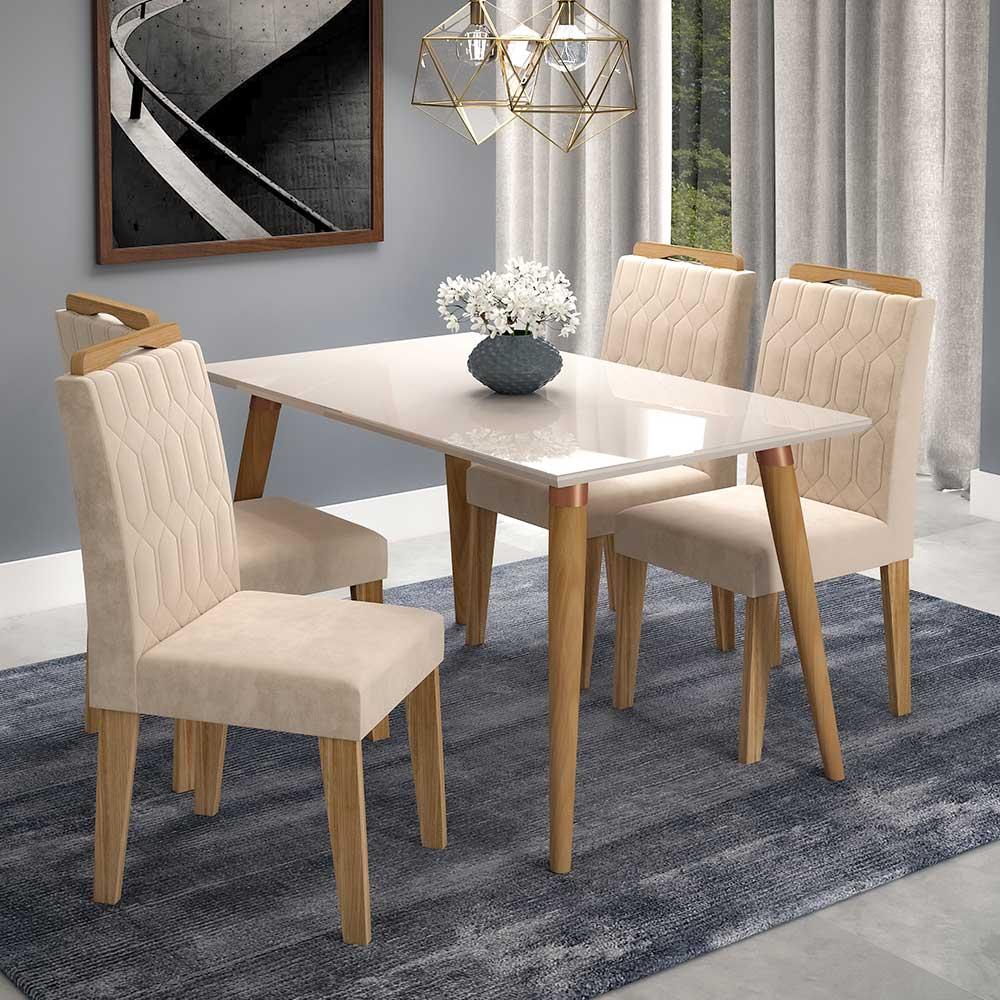 Conjunto Sala de Jantar Mesa Adele com Pé Palito em Madeira Tampo de Vidro 130x80 cm e 4 ...