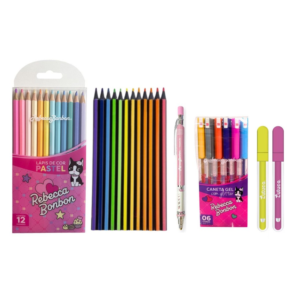 Kit Lápis Cor Rebecca Bonbon Pastel Neon C/ Marca Texto + Canetas Gel E ...