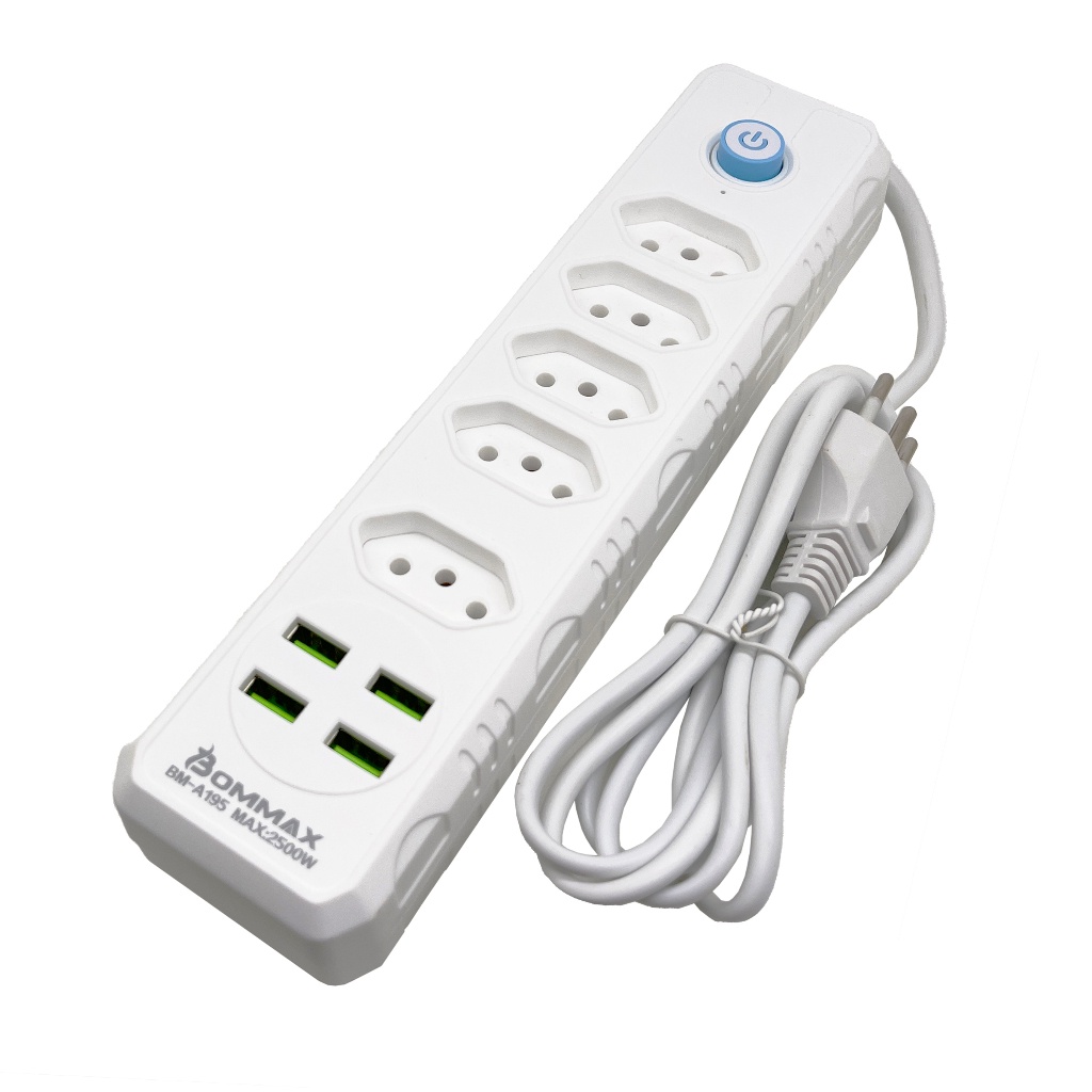 Régua Extensão Elétrica 2m com 5 Tomadas e 4 Entradas USB Botão Liga e Desliga 110V/220V Bivolt ...