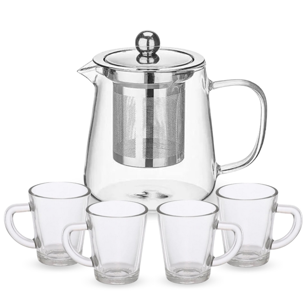 Chaleira Bule De Vidro Com Infusor 630ml + 4 Xicaras De Vidro 70ml | Shopee Brasil