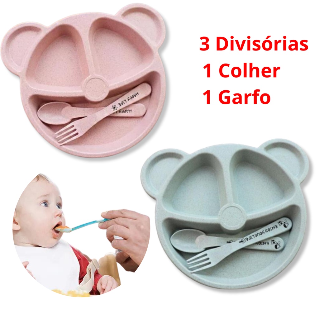 prato infantil com Divisórias + talheres pratinho urso de plastico ...