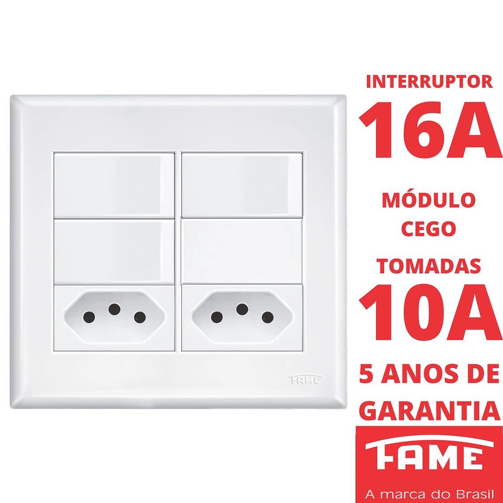Interruptor Simples 3 Teclas 16A Módulo Cego e Tomada Padrão Dupla 2P+T ...