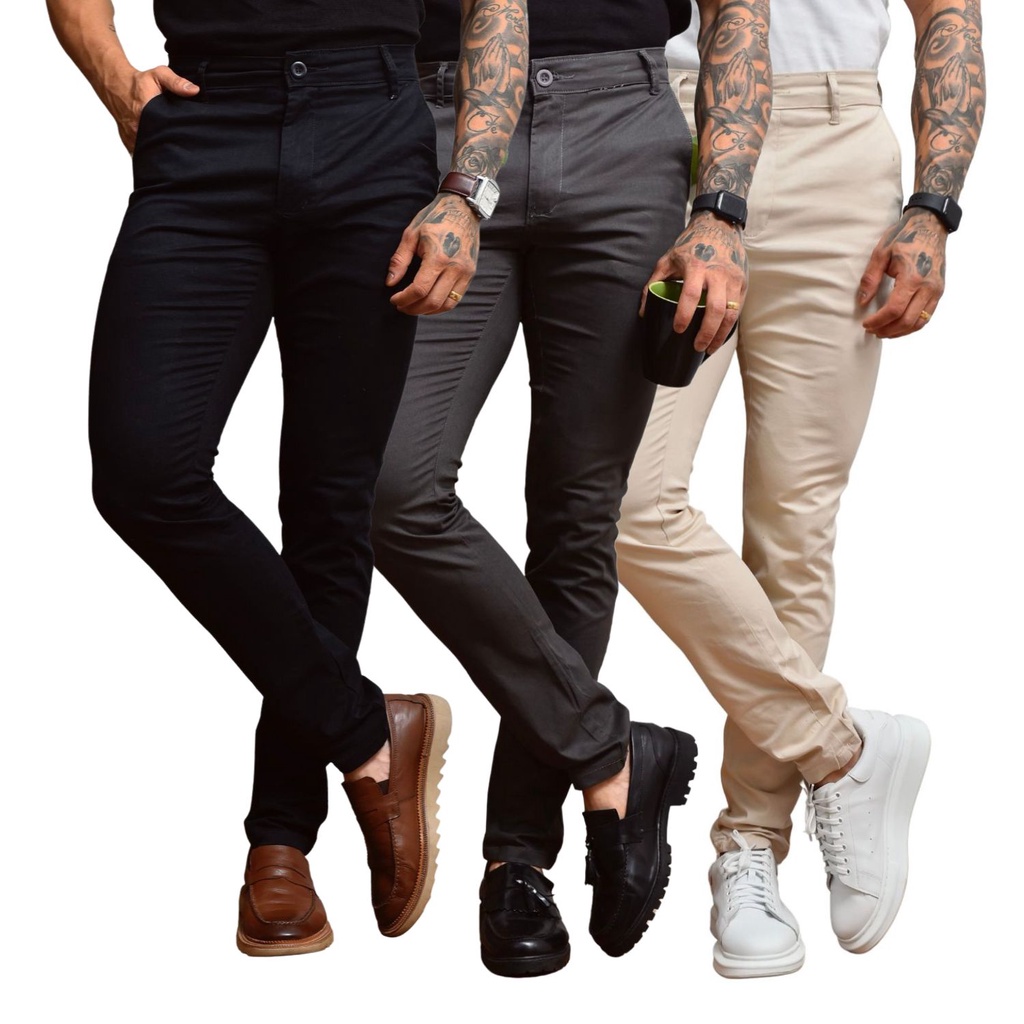 Kit 3 Calças Masculinas Sarja Alfaiataria Esporte Fino Slim Escorrega