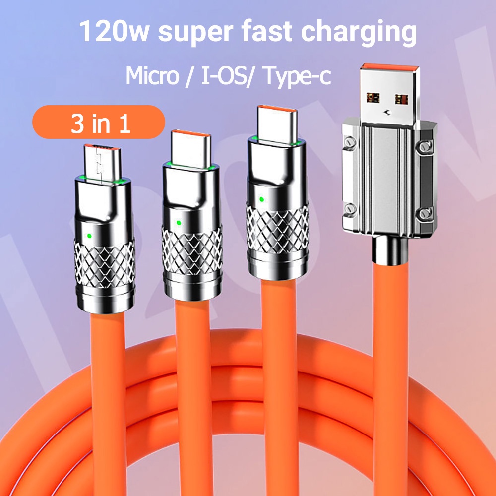 Cabo De Carregamento 3 Em 1 120W 6A Tipo C Líquido De Silicone Micro USB Multi Portas Super ...
