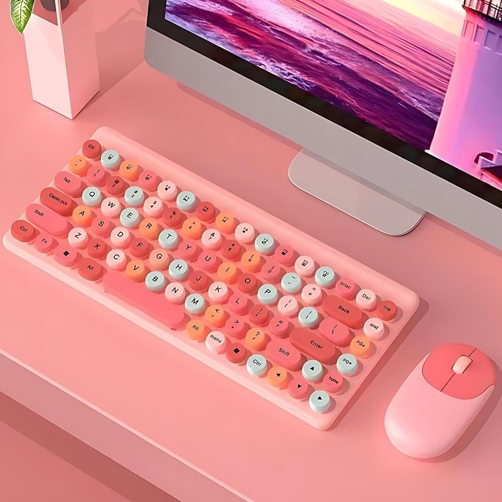 Teclado mecânico, 86 teclas, teclado colorido sem fio 2.4G com mouse ...