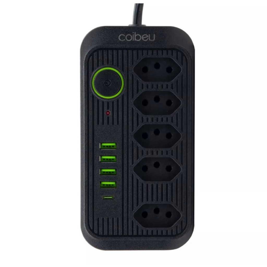 Régua Extensão de tomada 5 tomadas filtro de linha com 4 usb 1 USBC com cabo de 1.90 cm Bivolt ...