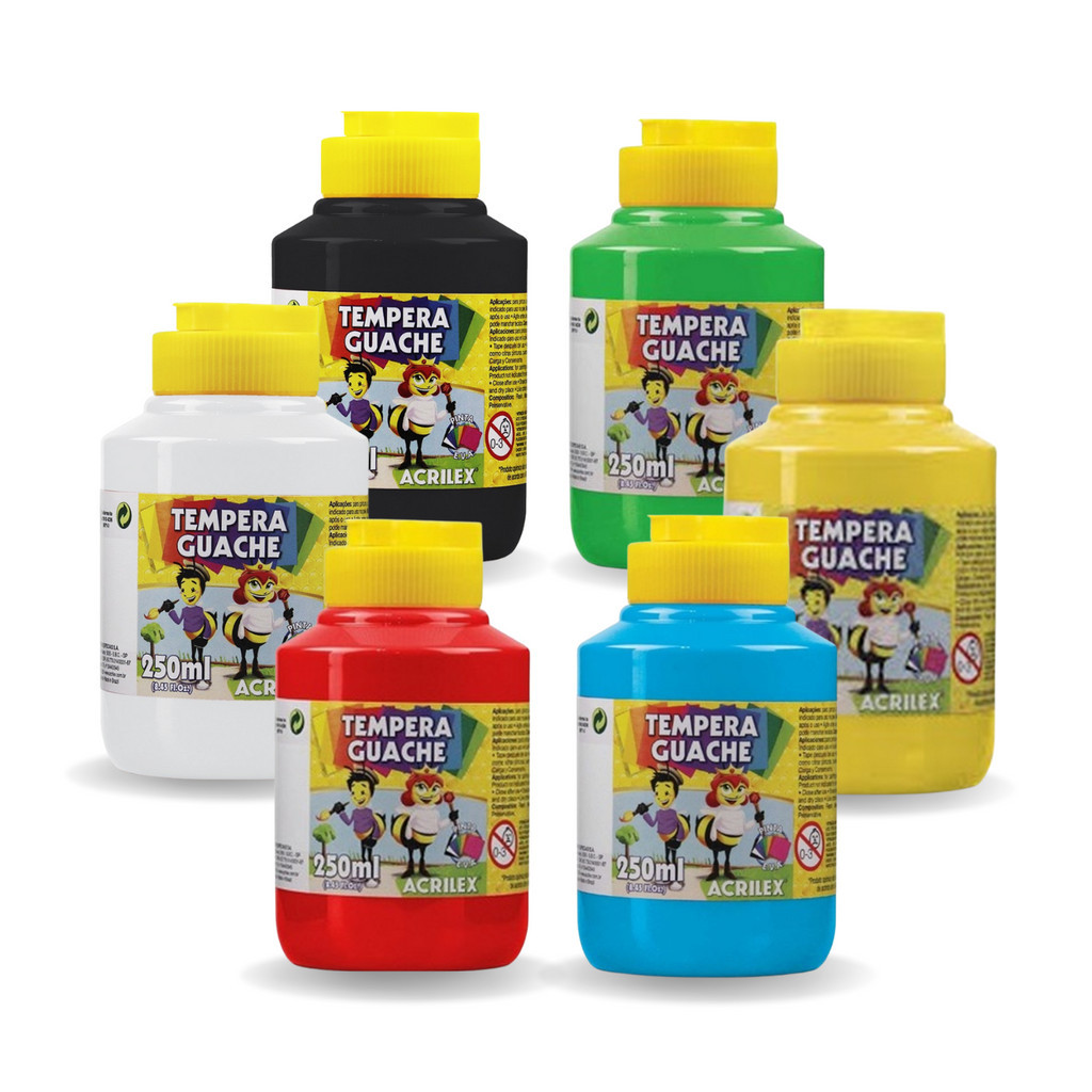 Kit Tinta Guache Tempera 6 Cores 250ml Acrilex Escolar Infantil para ...
