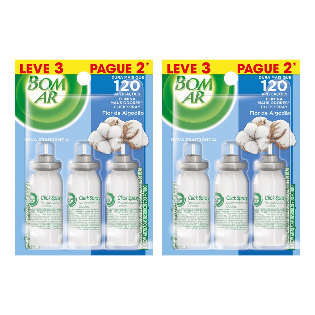KIT COM 2 REFIL Bom Ar Click Spray FLOR DE ALGODÃO 3unid. 12ml | Shopee ...