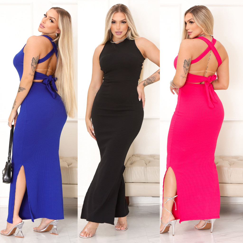Vestido Feminino Longo Amarração nas Costas Veste do 36 ao 44 com Fenda ...