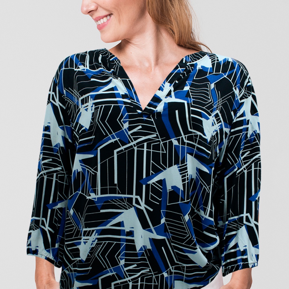 Camisa Feminina 3/4 Preta Sinais Azul Social Estampada Executiva ...