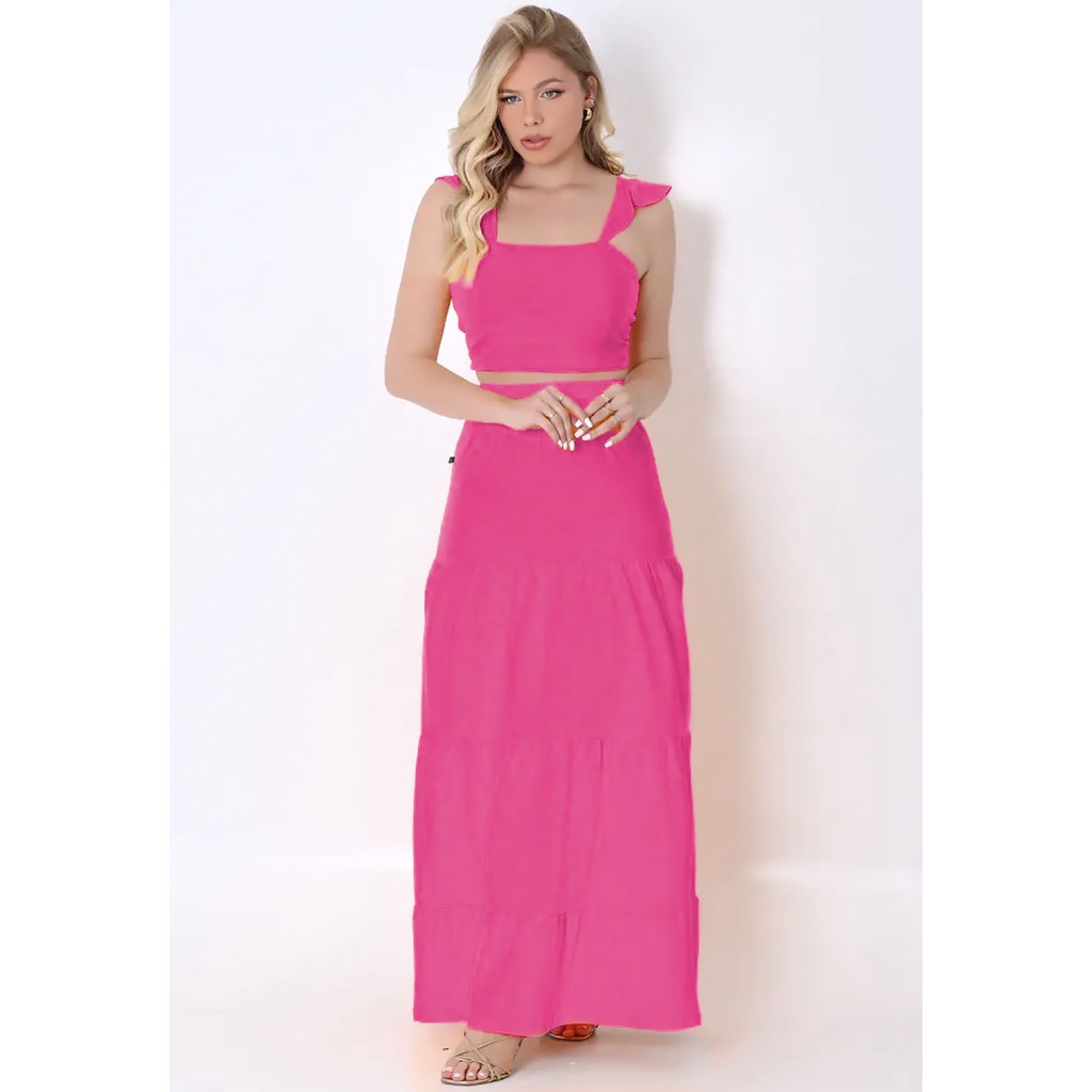 Conjunto Saia Longa e Cropped Miia Pink em Algodão | Shopee Brasil