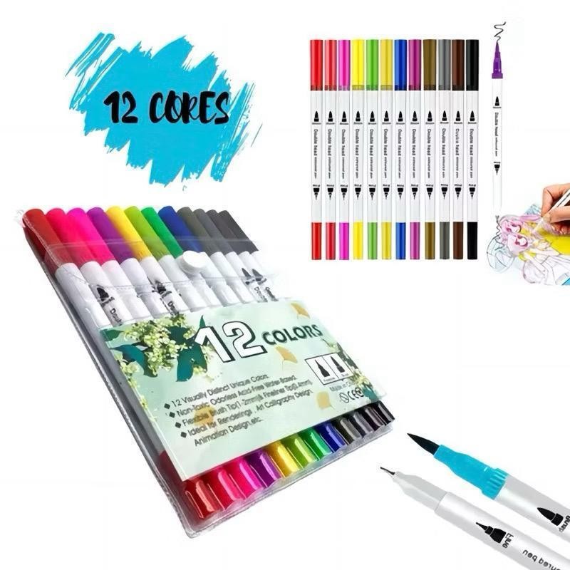 Kit 12 / 24 OU 36 Canetas Coloridas Lettering e Ponta Fina Dual Pen ...