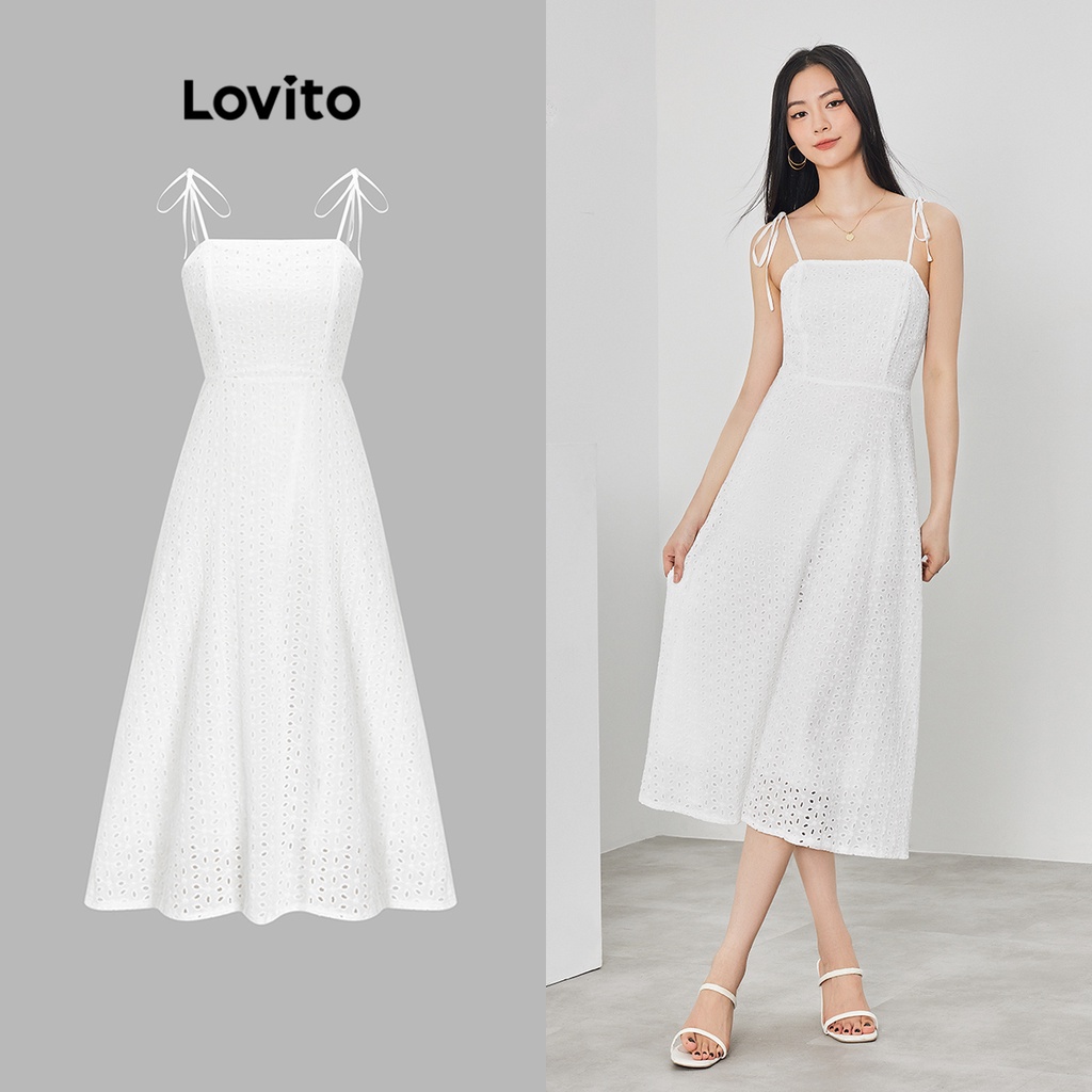 Lovito Casual Liso Vestido Feminino Com Zíper Laço Bordado Costura