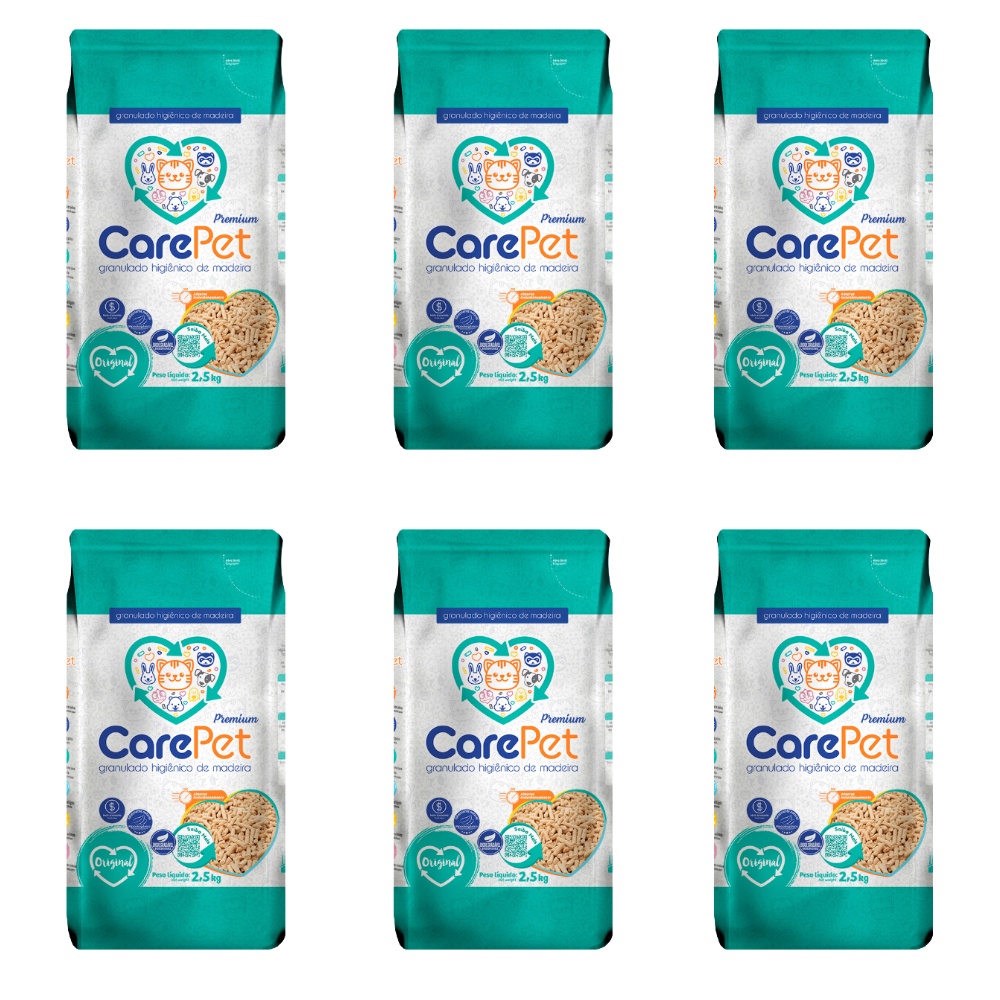 Kit C/6 Granulado Higiênico Madeira CarePet Original 2,5Kg | Shopee Brasil