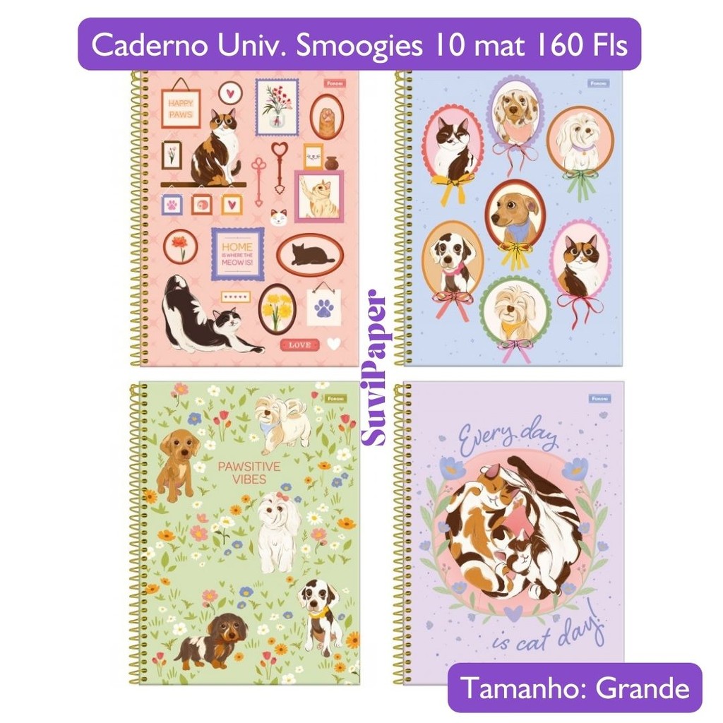 Caderno Universitário Grande Smoogies 10 Matérias Pets Cachorro e Gato ...