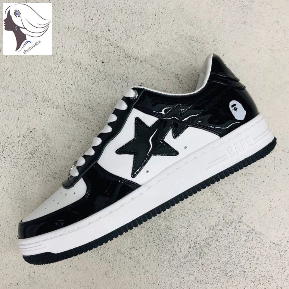 Bape STA STA LOW Patent Leather White Preto Tênis Preppy Preppy Men's ...