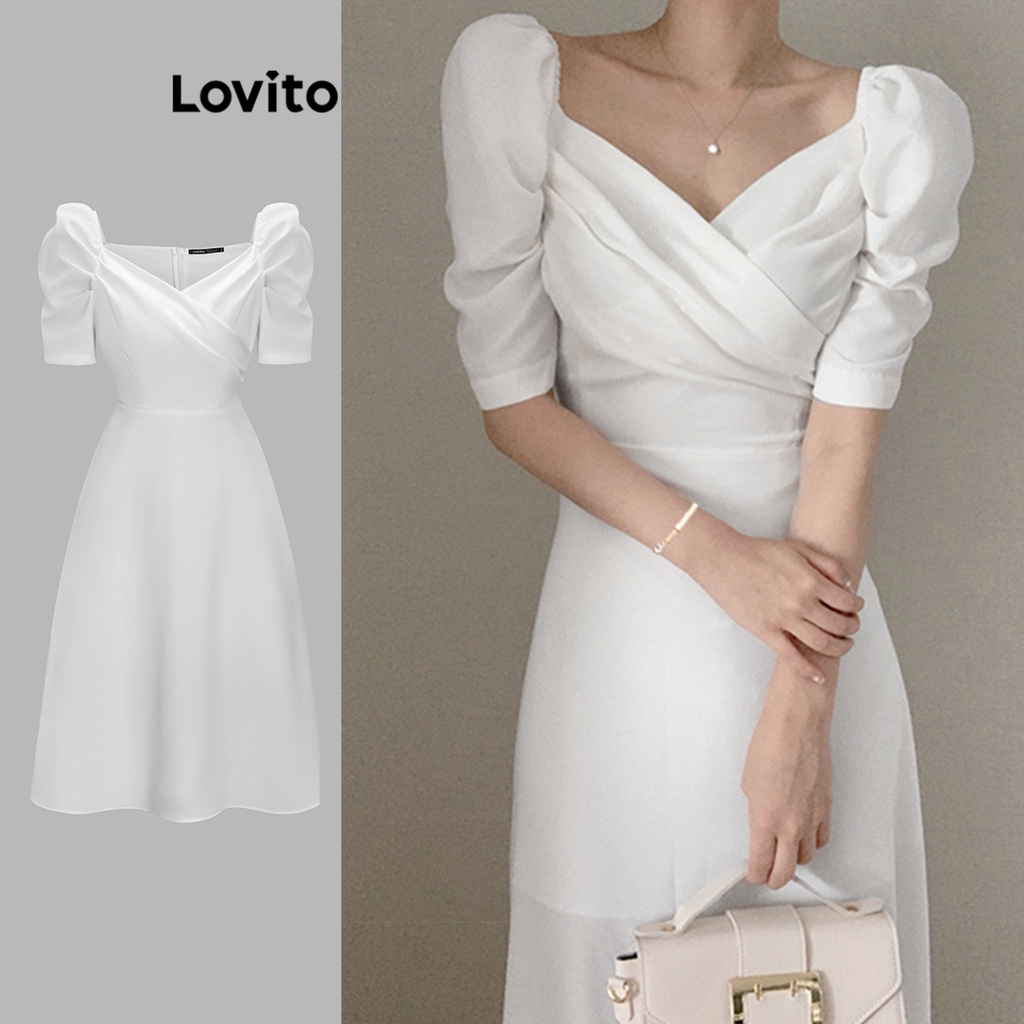 Lovito Elegante Liso Vestido Feminino Com Cordão E Manga Bufante
