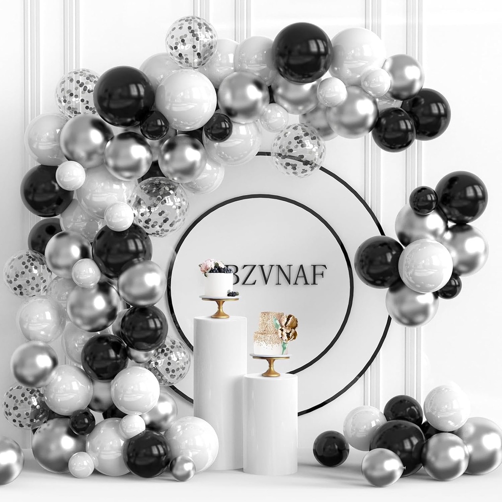 Balões De Prata Preta Garland Arch Kit-Preto Branco Metálico E Confetti ...