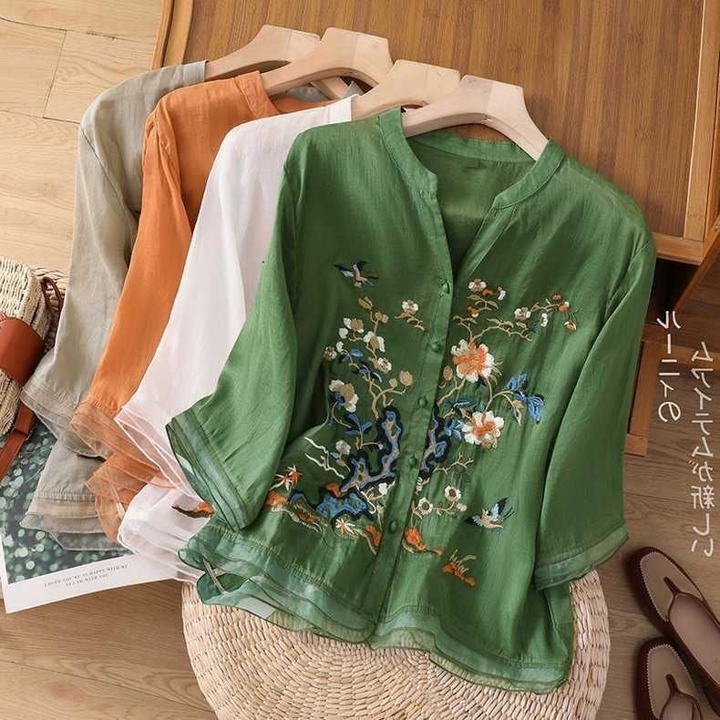 Camisa Feminina Estilo Chinês Casual Manga 3/4 Blusa Moda Solta Bordado ... Camisa Feminina Estilo Chinês Casual Manga 3/4 Blusa Moda Solta Bordado ...