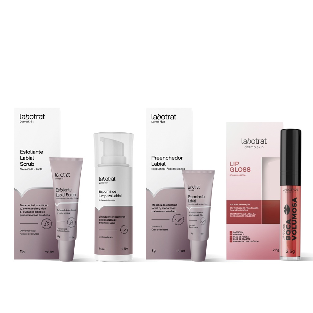 Kit Labial Dermo Skin Labotrat - Espuma + Scrub + Preenchedor + Gloss ...