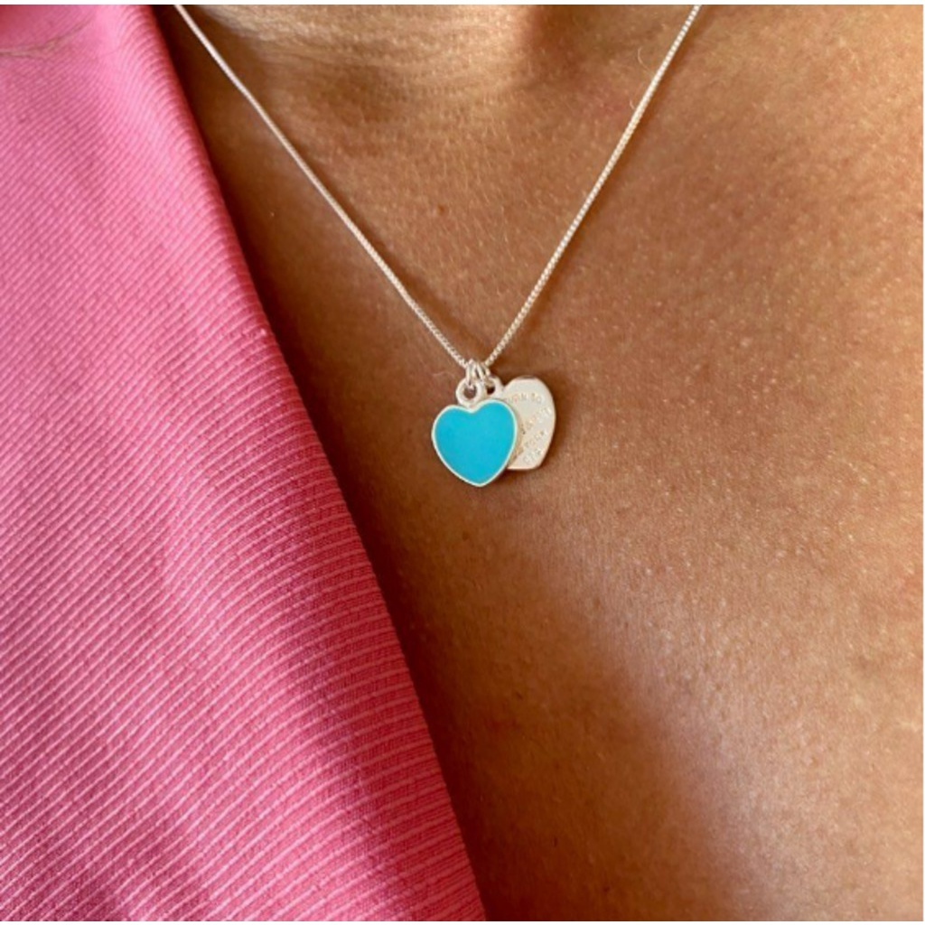 Colar Clássico Tiffany Duplo Coração Azul Folheado Prata 925 Pingente ...