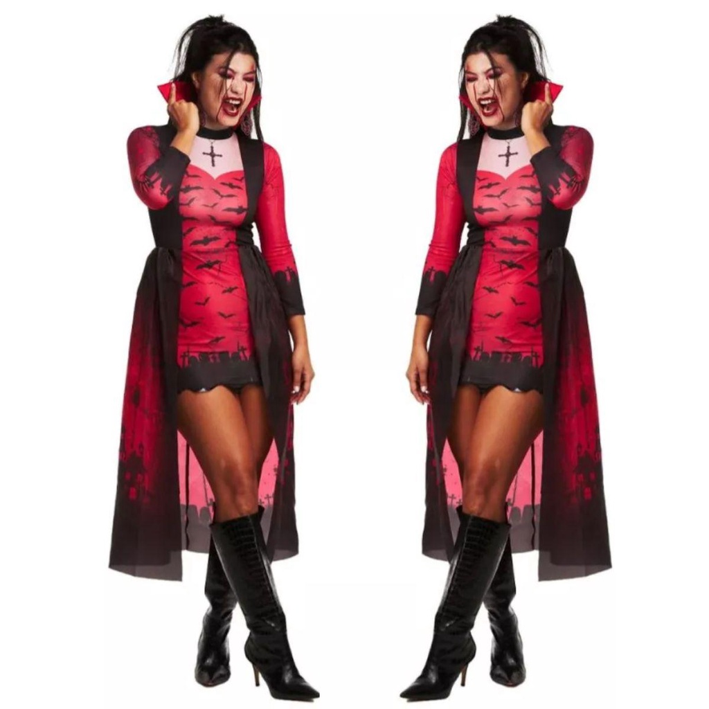 Fantasia Vampira Halloween Feminina Vestido Sexy Com Dentadura | Shopee ...