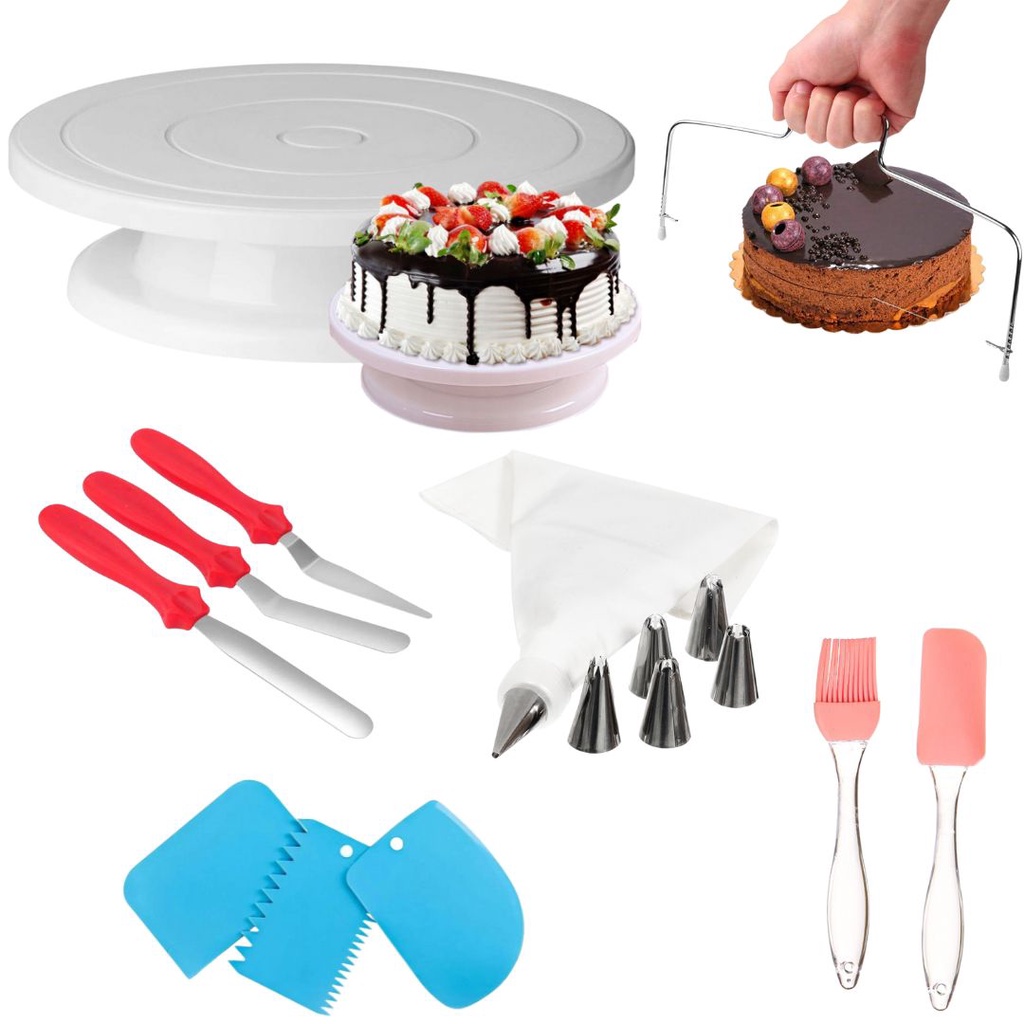 Kit Confeiteiro Boleira Bailarina Giratória 28 cm Raspador Bicos Saco ...