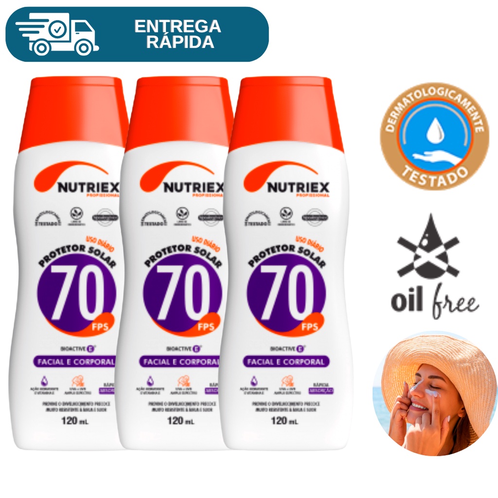 Kit 3 Protetor Solar Facial e Corporal Fps 70 120ml Nutriex 1/3 UVA UVB ...