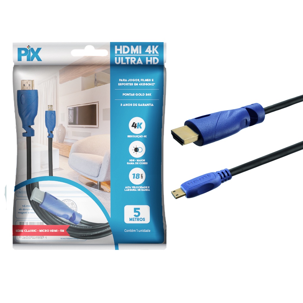 Cabo Micro Hdmi X Hdmi 4k 60hz/2160p 3d Ultrahd 5 metros | Shopee Brasil