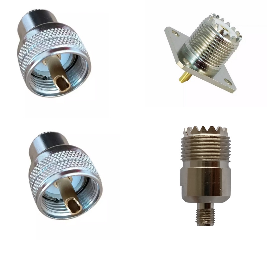 2x Conector UHF Macho + Conector UHF Fêmea Painel 4 Furos Kf-1 + Adaptador Uhf Fêmea x Sma Fêmea ...