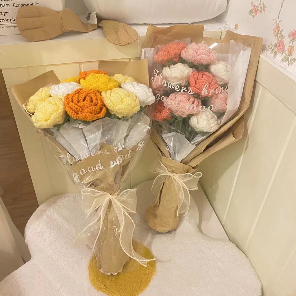 Fio de buquê de rosas tricotado à mão, crochê caseiro, pacote de ...